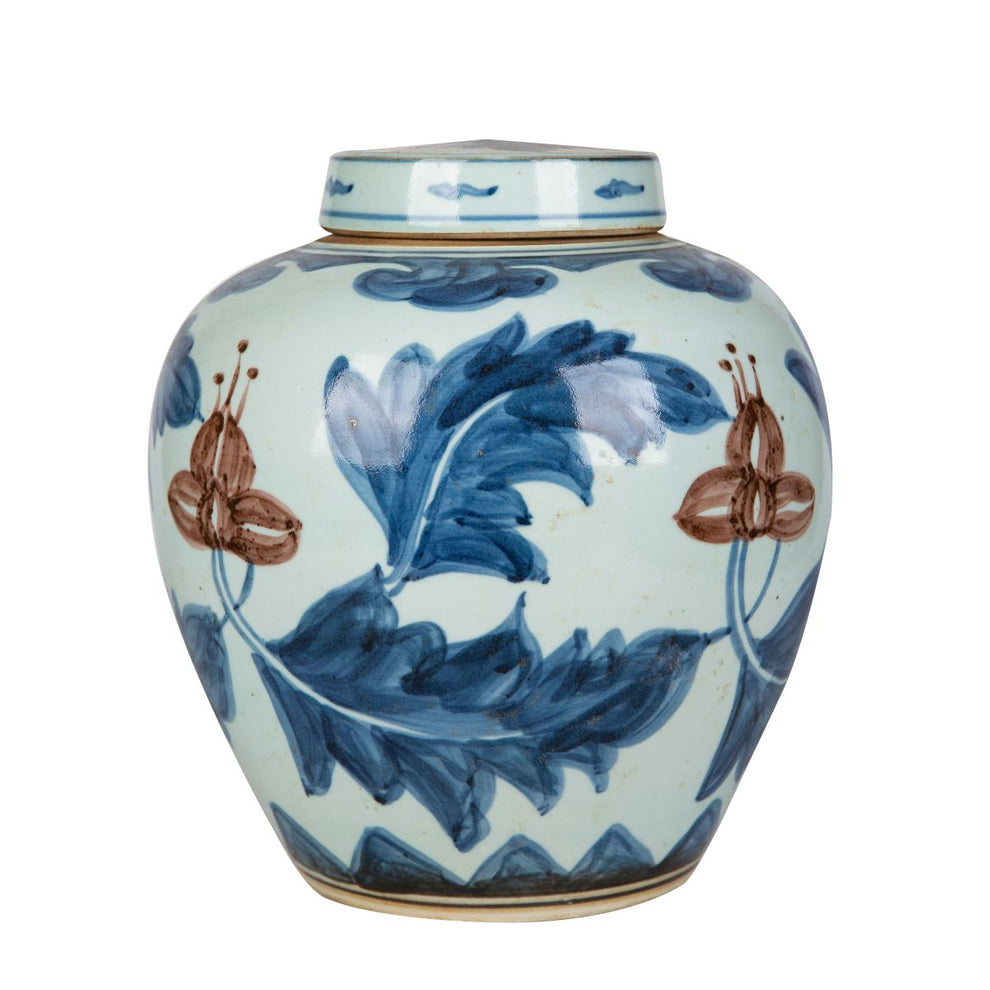 Ashley Blue & White Moka Flower & Leaf Porcelain Ming Jar 11" – Asian ...