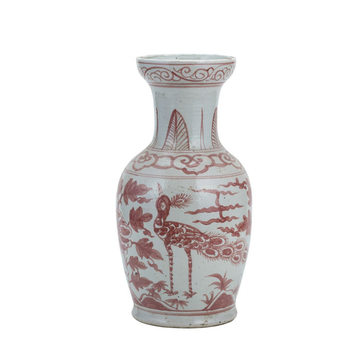Coral Red Bird Porcelain Vase With Dish-shaped Mouth – Asian Style ...