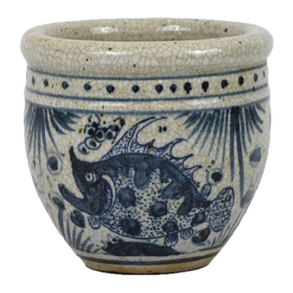 Vintage Style Blue and Antiqued White Fish Motif Porcelain Pot 5 ...