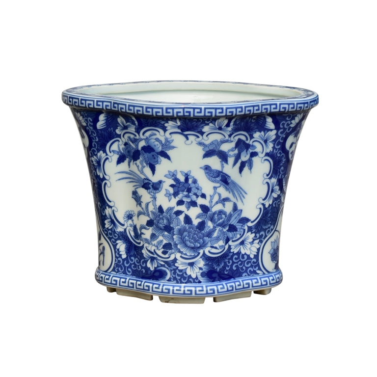 Blue and White Porcelain Floral Bird Cachepot – Asian Style Furnishing
